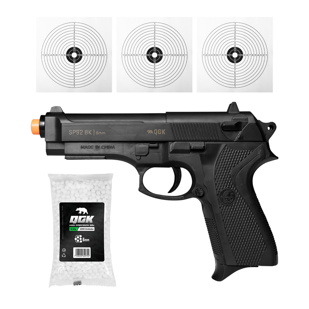 PISTOLA DE AIRSOFT SPRING SP92 6MM QGK + 1000 BBS + ALVO | Shopee Brasil