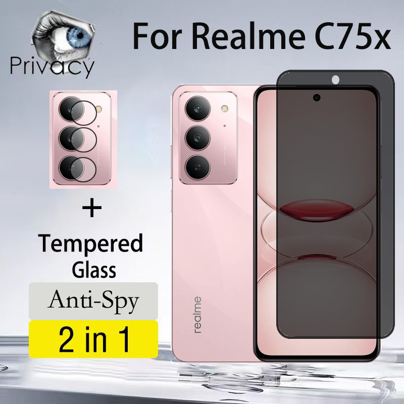2 Em 1 Película Privacidade Realme C75x Anti-Espionagem De Tela De Vidro Temperado Para C75 C65 ...