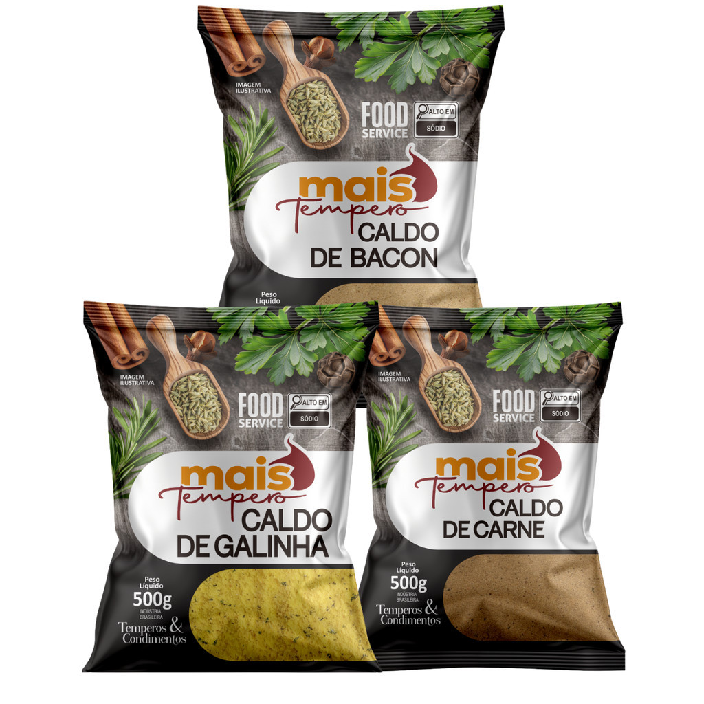 Kit Com 6 Caldo em Pó 1kg De Cada - Bacon, Carne e Galinha - Mais Tempero | Shopee Brasil