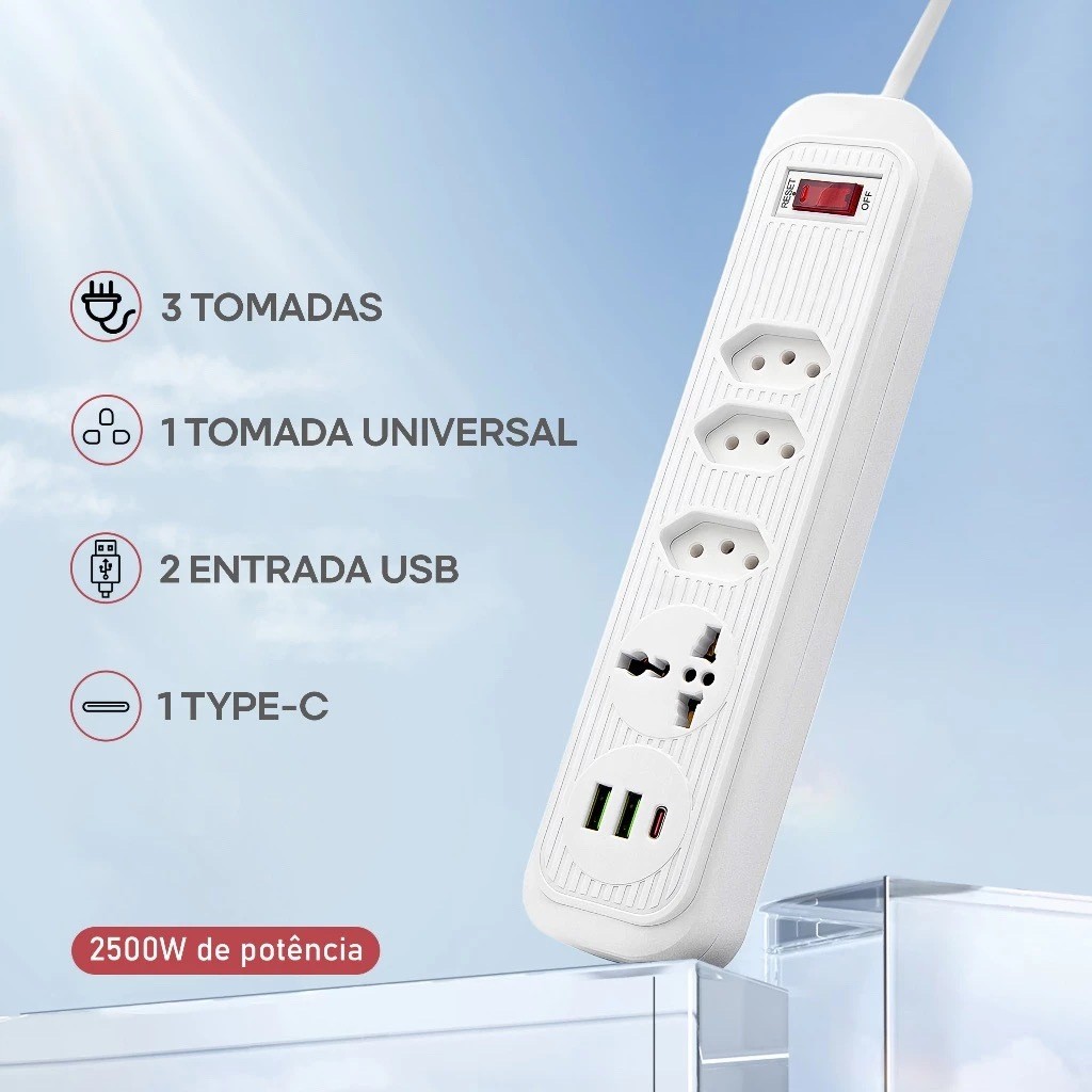 Tomada Extensora 2 Metros com Entradas USB e Tipo C, 3 Tomadas | Shopee ...