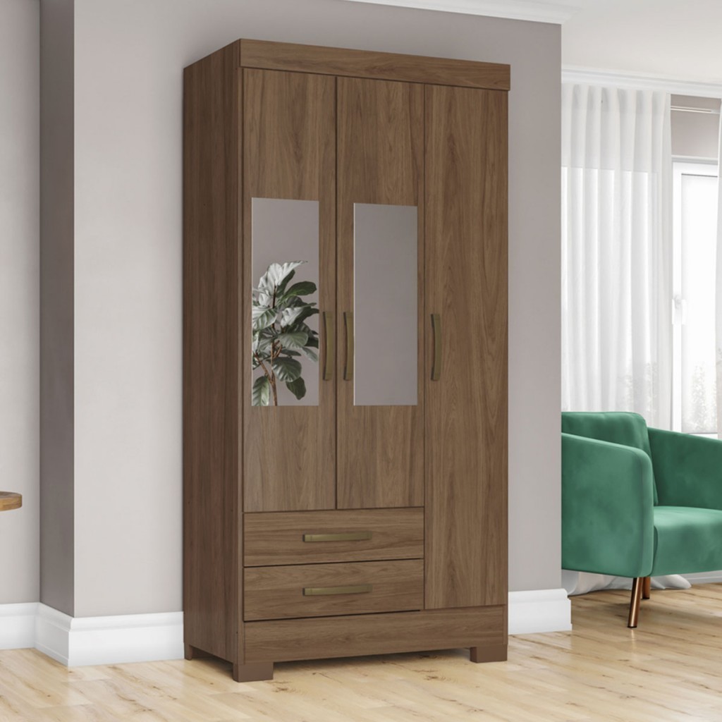 Guarda-Roupa Solteiro 3 Portas 2 Gavetas com Espelho Castanho Be16 ...