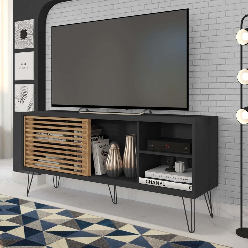 Rack para TV até 55 Polegadas Industrial Retrô 136cm em BP Porta Ripada Multiverso CabeCasa ...