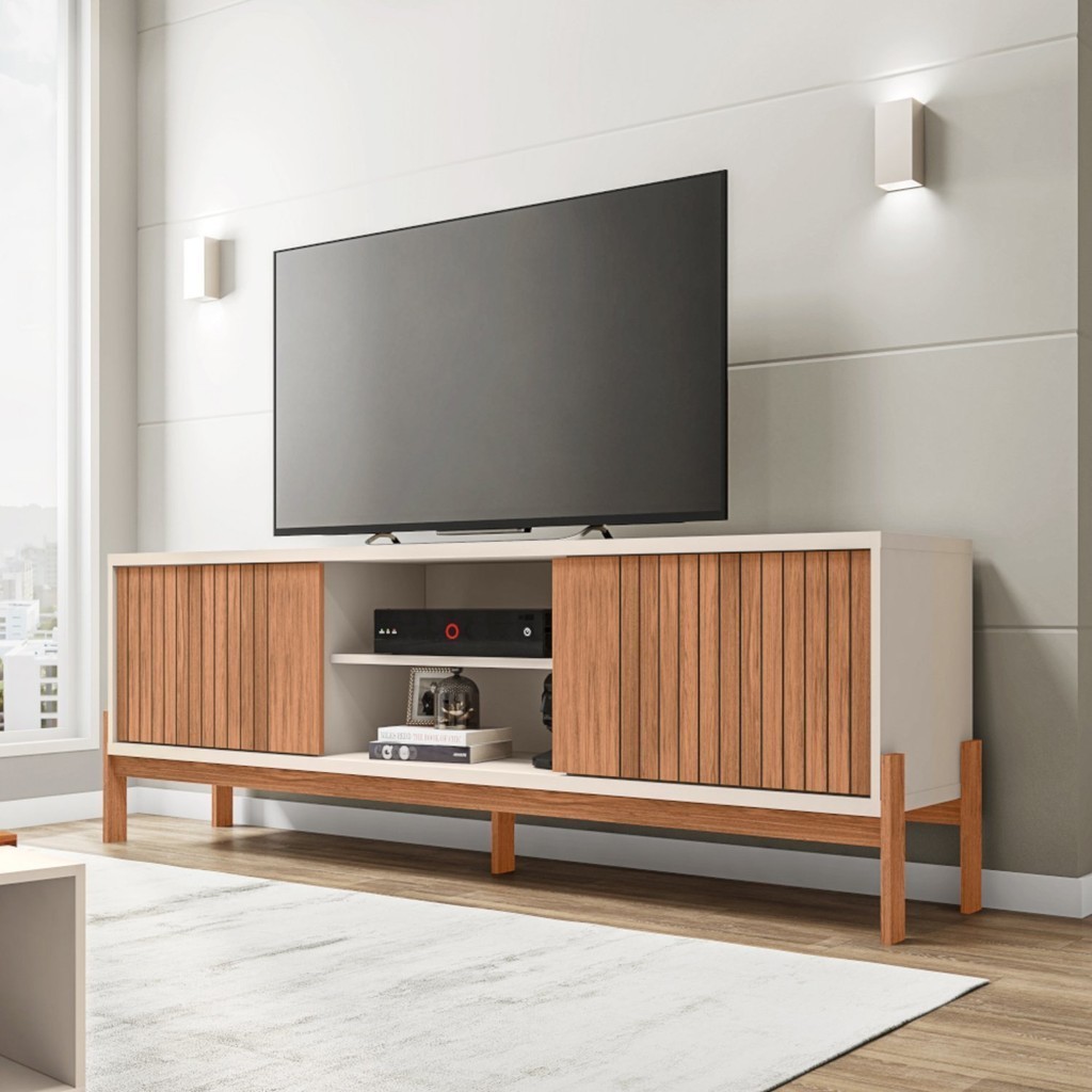 Rack para Tv até 72 Polegadas Portas Ripado Pés Cavalete Sparta Freijó/Off White | Shopee Brasil