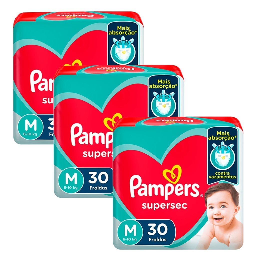 Kit 3 Fraldas Pampers Supersec Pacotão Econômico M - 90 Tiras | Shopee ...
