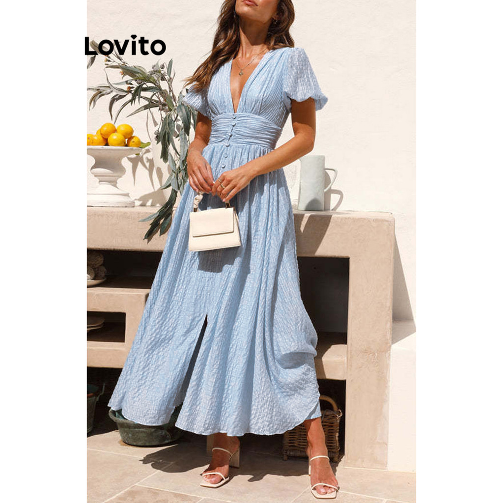 Lovito Casual Vestido Feminino Liso Franzido Com Botão Lnl48138