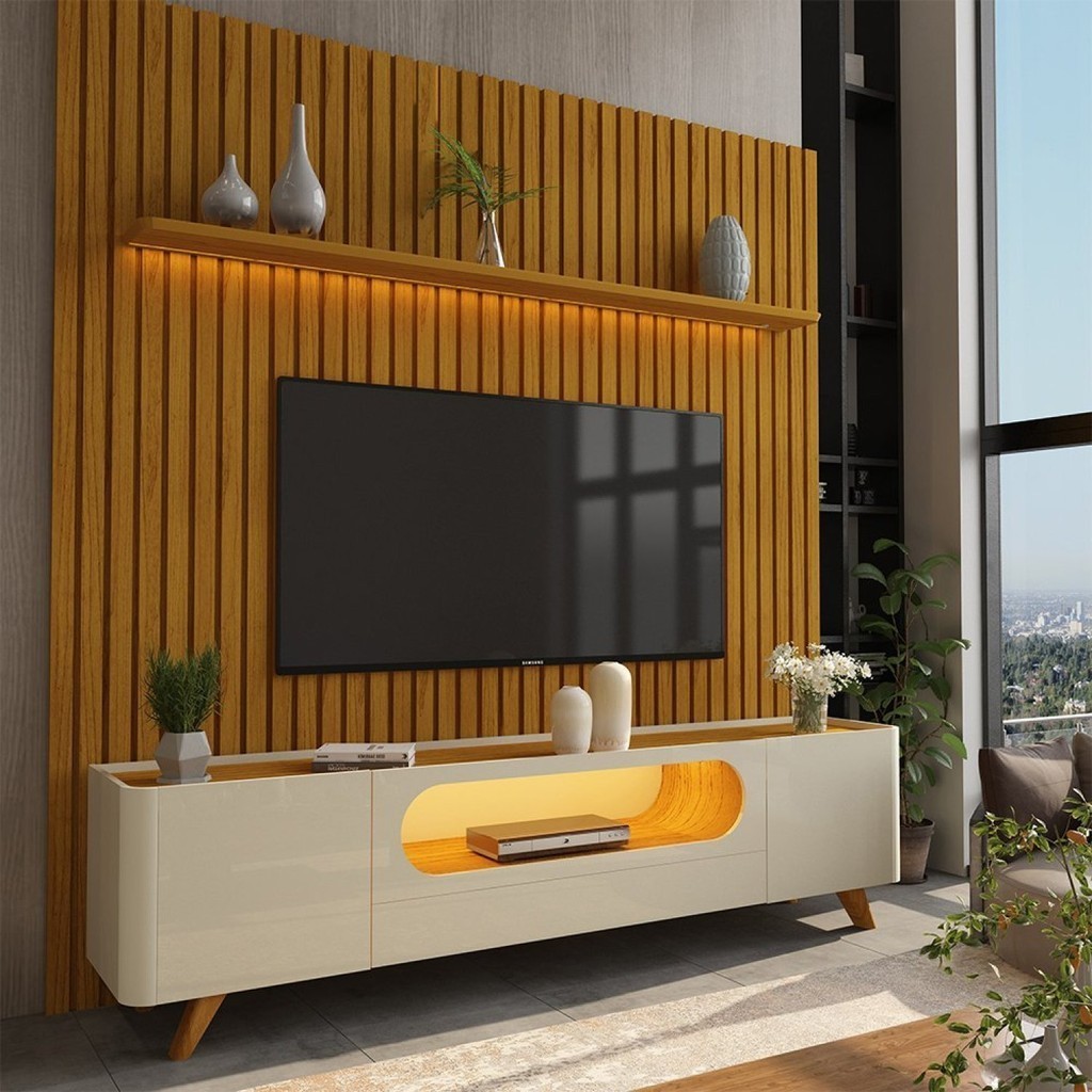 Rack com Painel Ripado para TV até 85 Polegadas 1 Gaveta 2 Portas 1 Prateleira com LED 230cm ...