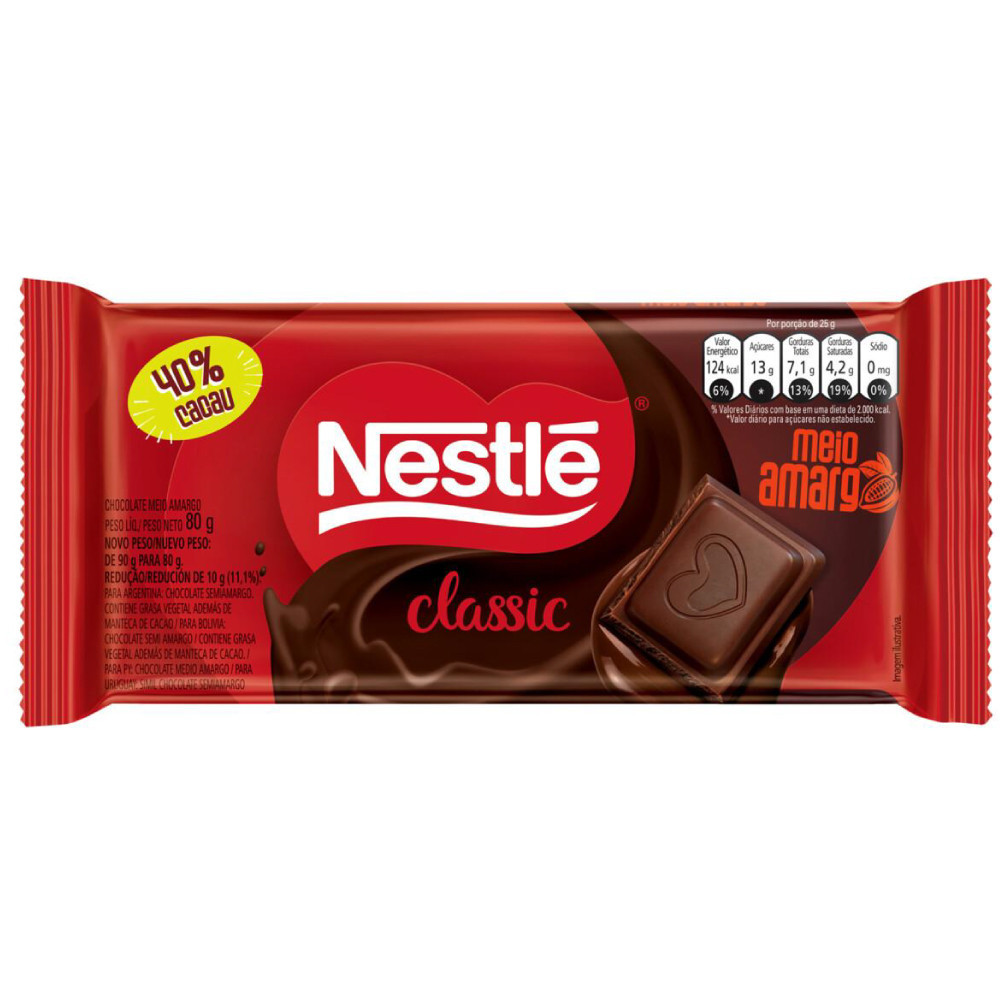 BARRA CHOCOLATE MEIO AMARGO 40% CACAU CLASSIC NESTLE 80G | Shopee Brasil