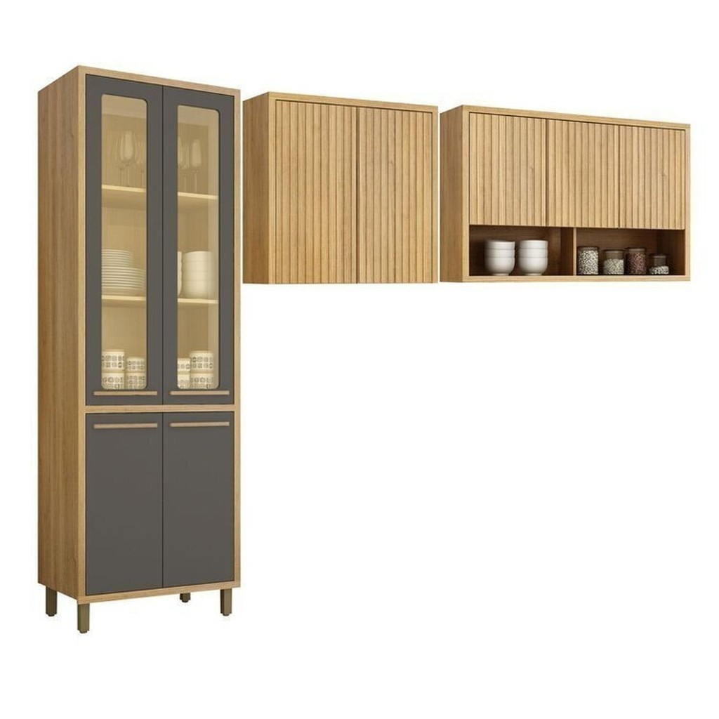 Conjunto de Cozinha Armário Paneleiro 4 Portas com Vidro e 2 Armários ...