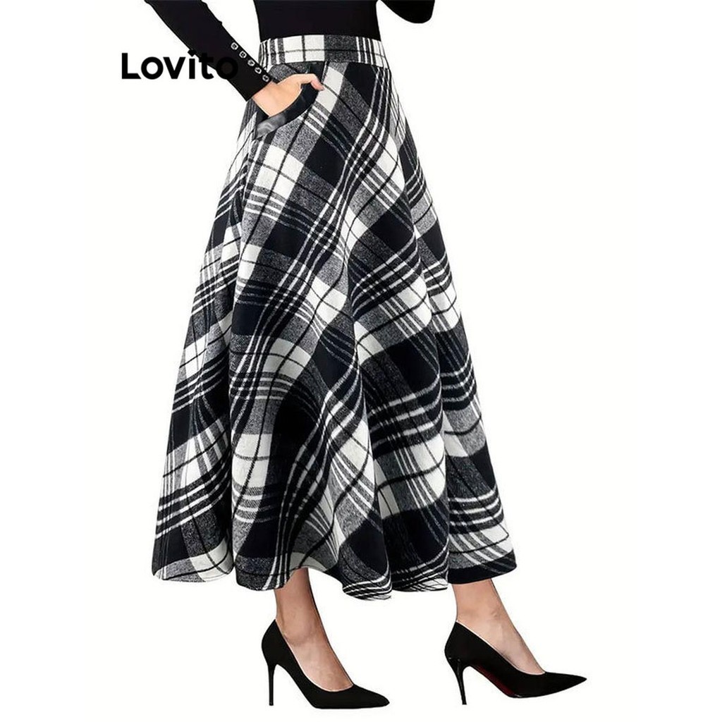 Lovito Saia casual xadrez colorblock com bolso para mulheres LNL67094 ...