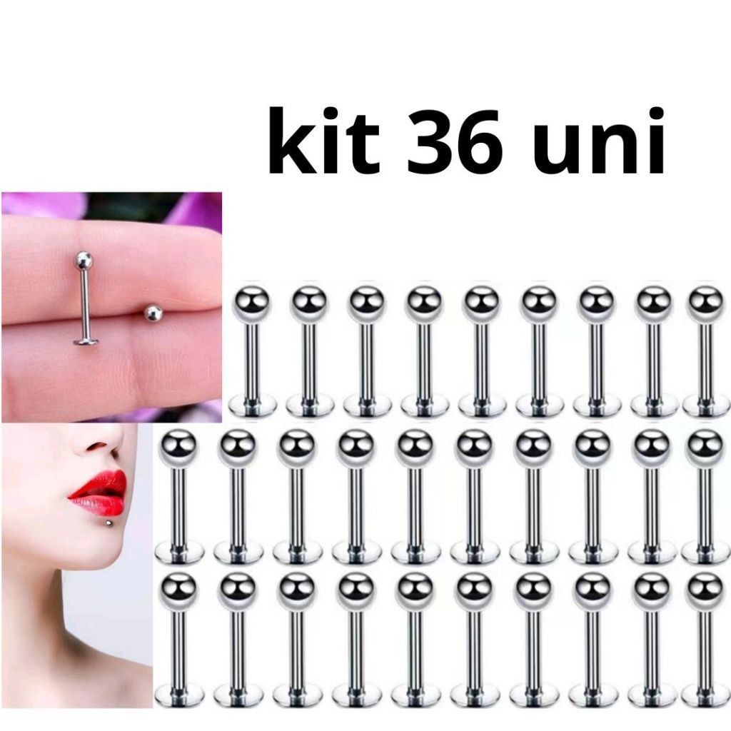 kit 36 Piercing Labret Lábios Boca Tragus Conch Aço inoxidável ...