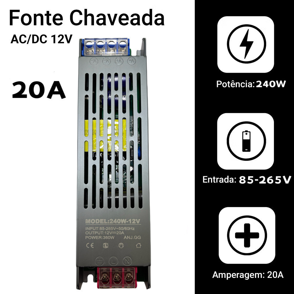 Fonte Chaveada 12v 20a 240w P/ Cftv Fita Led Som Automotivo | Shopee Brasil