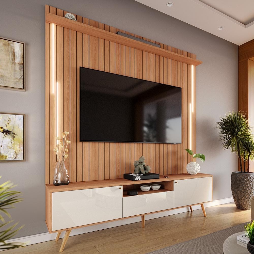 Rack Movelove 2 Portas e 1 Gaveta com Painel Led Efeito Ripado para TV 70 Polegadas Sevilla ...