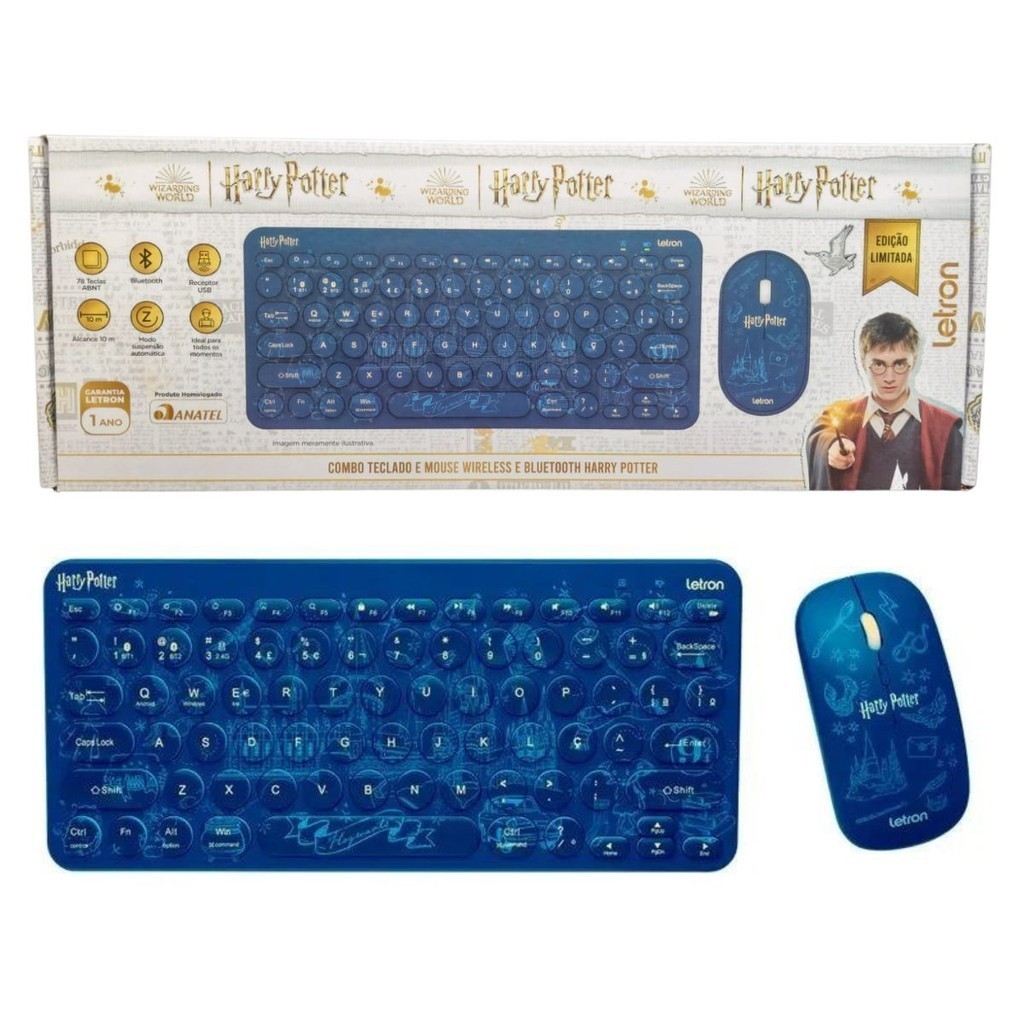 KIT TECLADO E MOUSE HARRY POTTER AZUL WIRELESS E BLUETOOTH LETRON ...