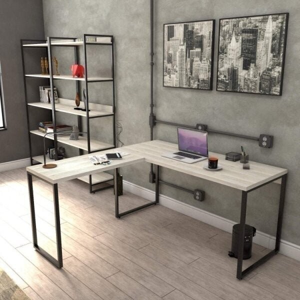 Kit 3 Peças com Mesa para Escritório em L Kuadra e 2 Estantes Multiuso ...