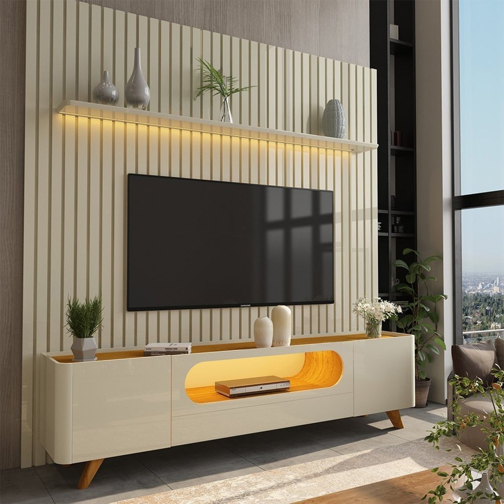 Rack com Painel Ripado para TV até 85 Polegadas 1 Gaveta 2 Portas 1 Prateleira com LED 230cm ...