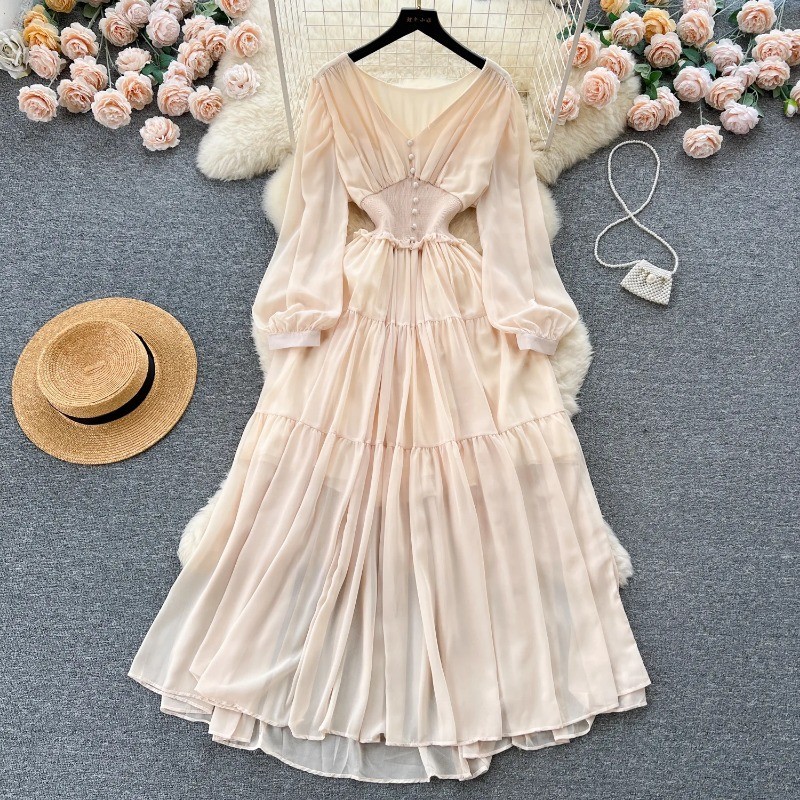 Moda Feminina Elegante Sexy Vintage Chiffon Vestido Longo Primavera