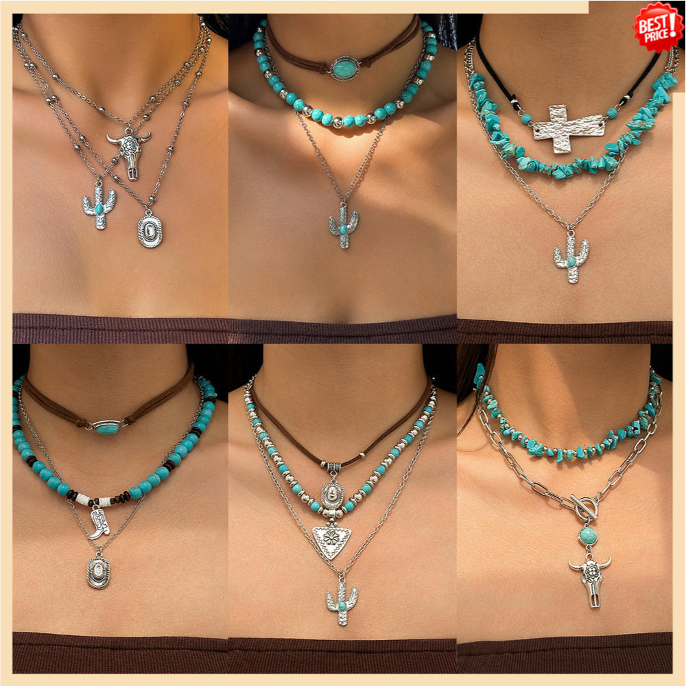 Moda Vintage 3 Camadas Turquesa Cabeça De Vaca Clavícula Corrente ...