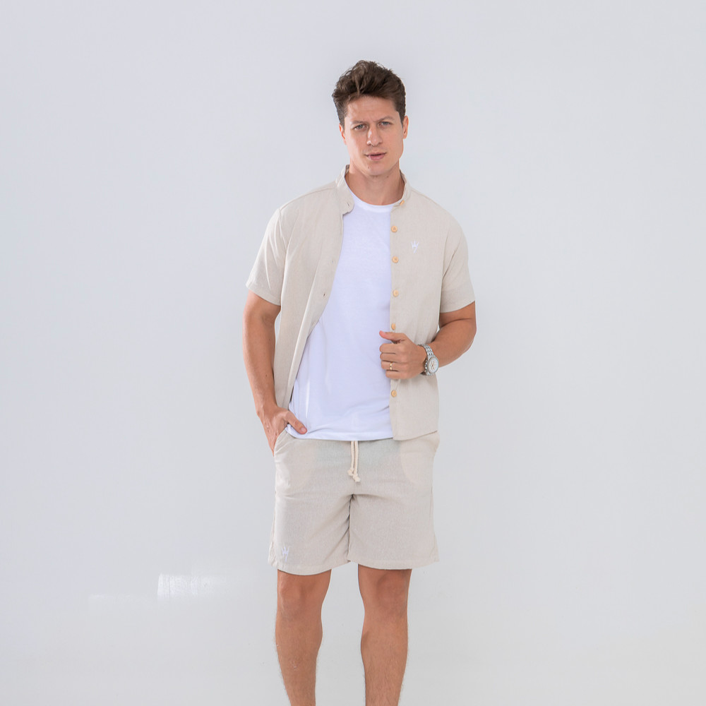 Conjunto Masculino de Linho Camisa Linho botão e Bermuda | Shopee Brasil