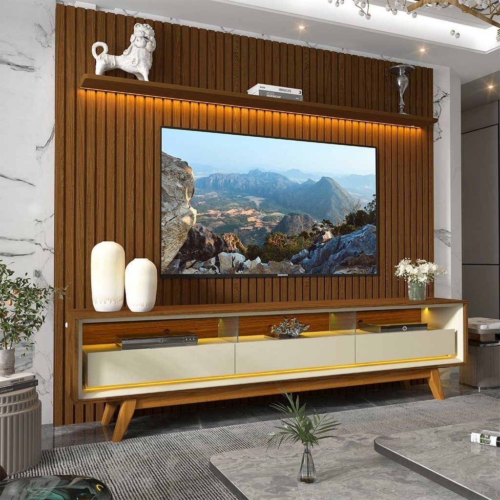 Rack com Painel Ripado para Tv até 85 Polegadas Led 3 Gavetas com Pés 230cm Nobre 100% MDF ...