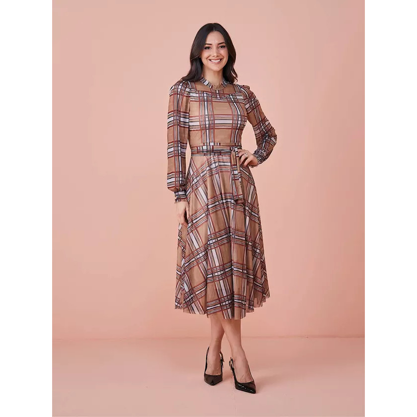 Vestido Midi no Tule Xadrez Marron Manga Longa Tata Martello | Shopee ...
