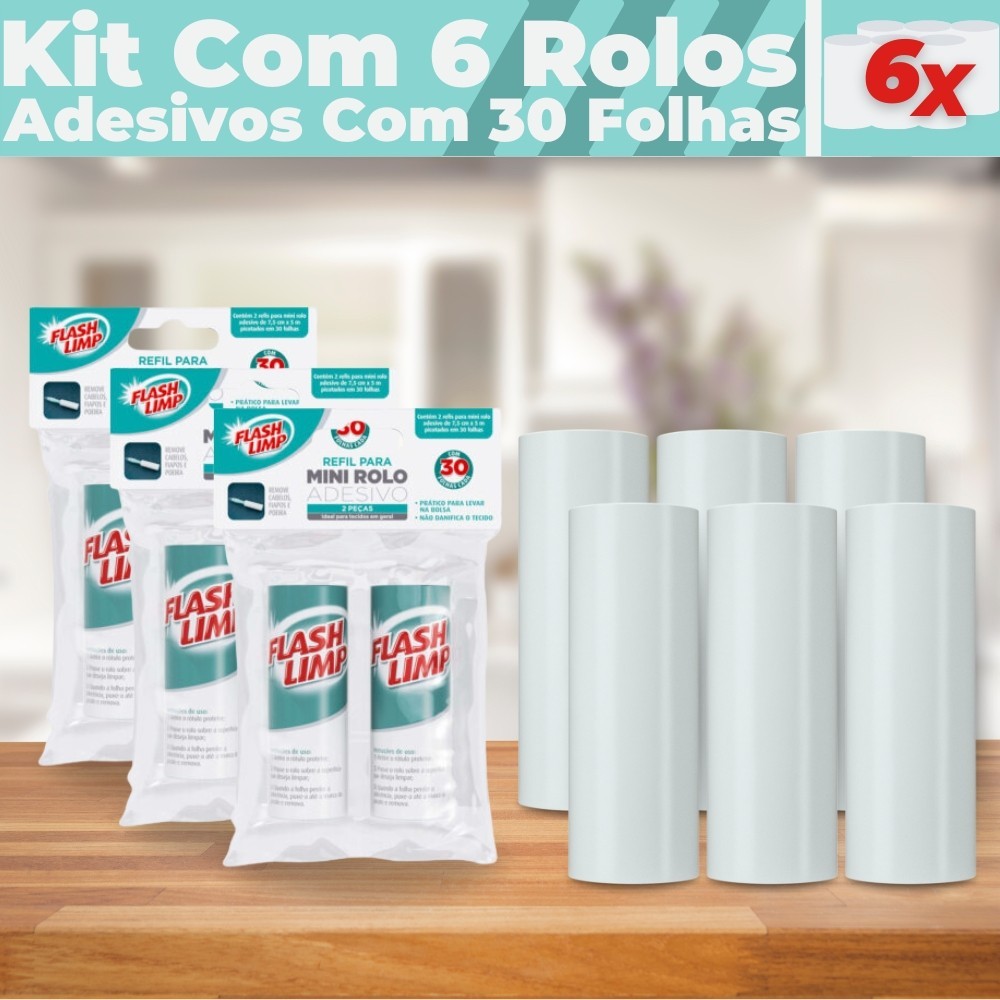 Kit 6 Refil Mini Rolo Tira Pelos Adesivo Flash Limp 30 Folhas Cada ...