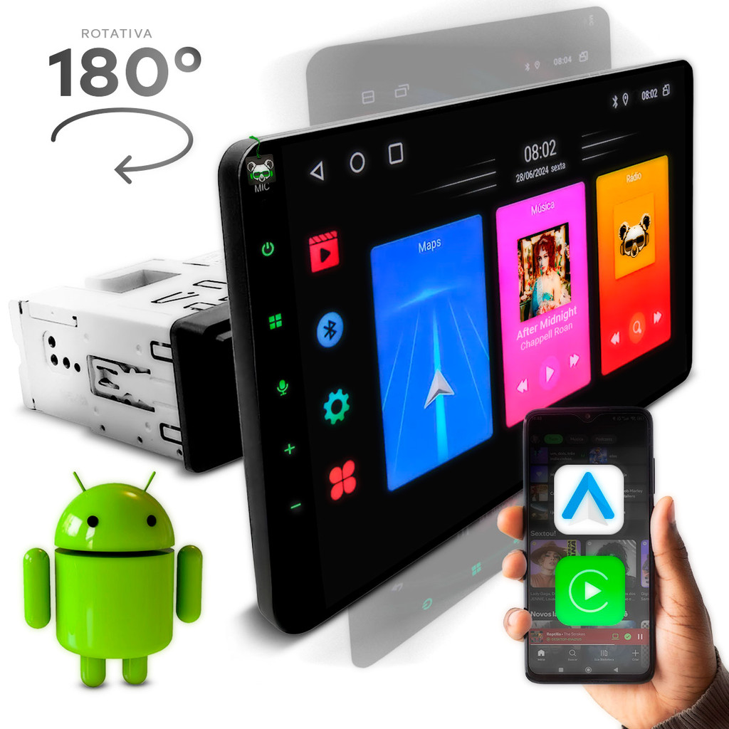 Central Multimídia Rotativa 10 Pol Quadcore QLed C/ Android Auto Carplay Sem Fio Flutuante ...