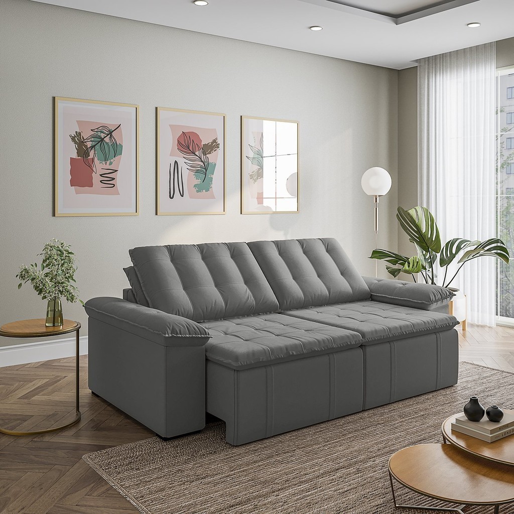 Sofá Cama Retrátil Palmeira 3 Lugares 260cm em Veludo com Molas Cabecasa MadeiraMadeira Cinza ...