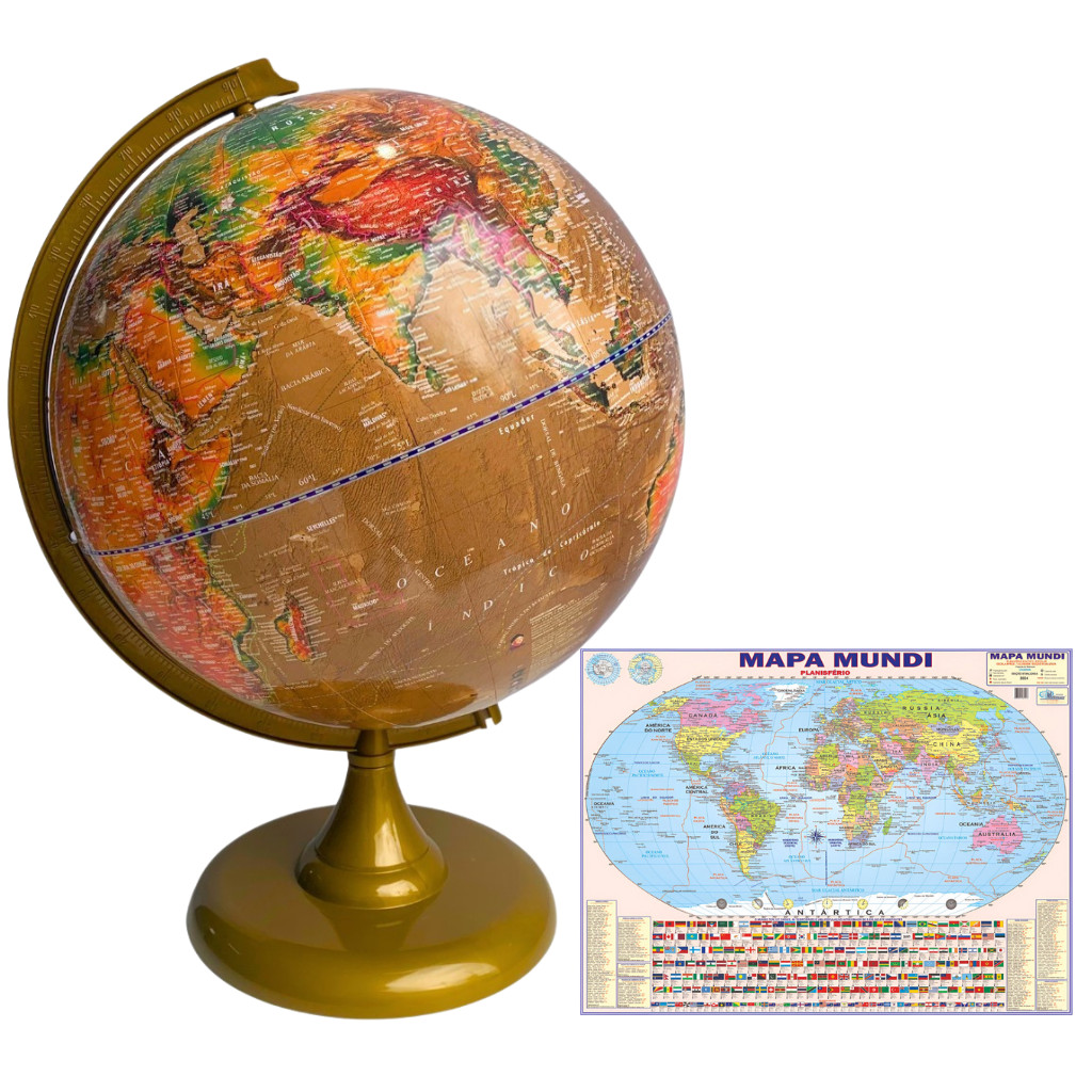 Globo Terrestre Físico/Histórico Satélite 30cm Diâmetro e 43cm Altura ...