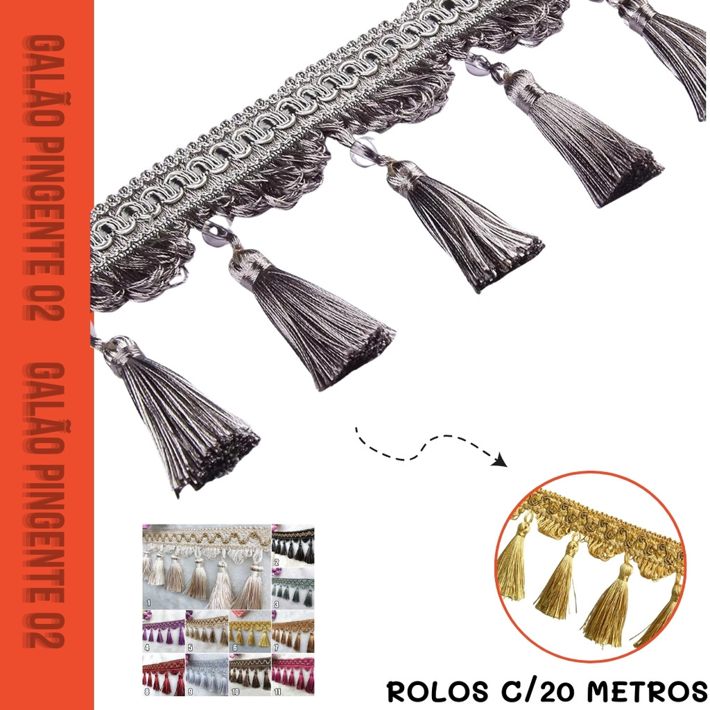 Galão de Franja Pingente Tassel Luxo Premium - Rolo c/20 mts - 11.5 cm ...