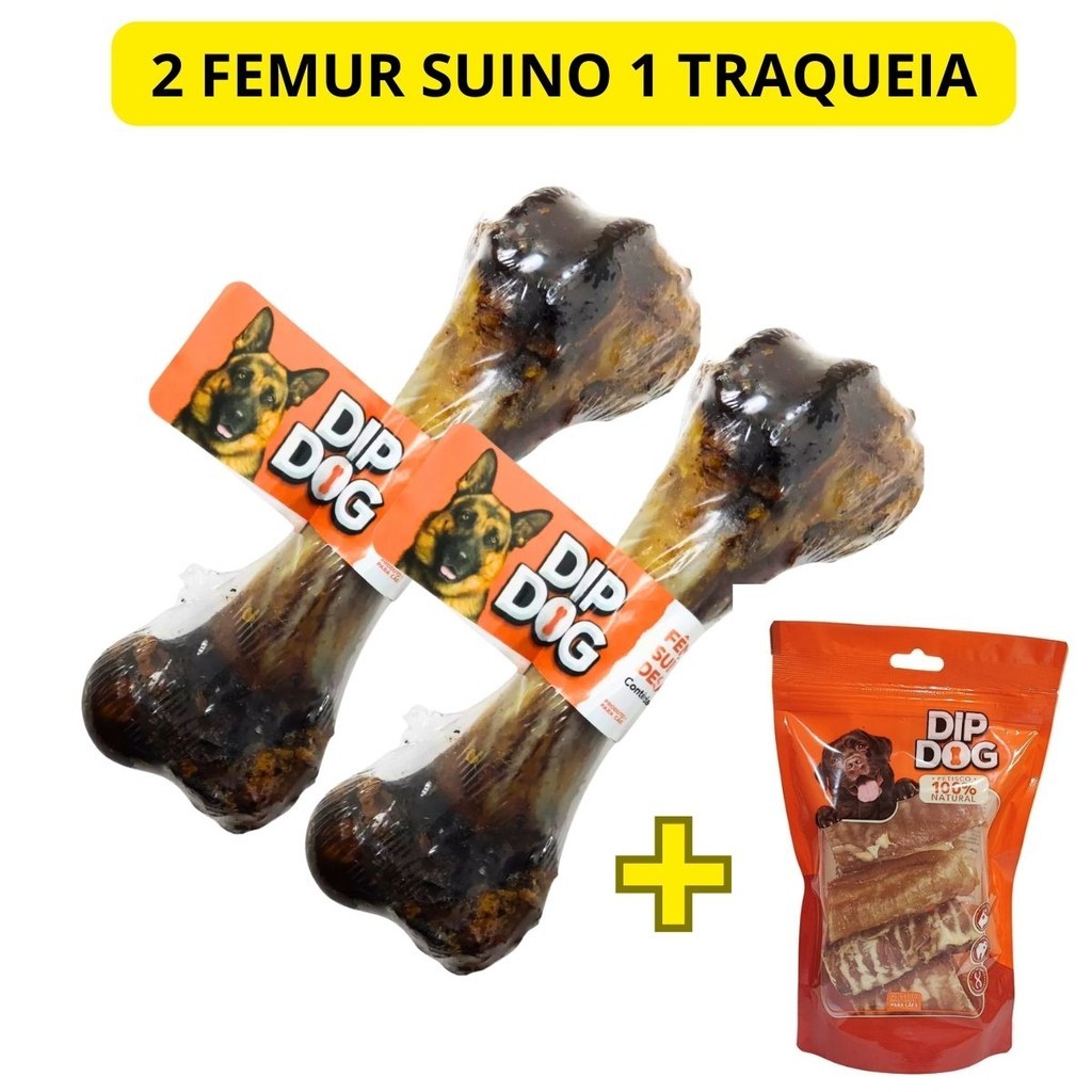 Kit 2 Mordedor Petisco Cães Osso Femur Suino Natural Dip Dog+Traqueia ...