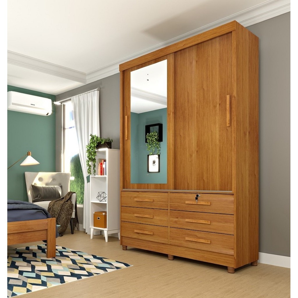 Guarda Roupa Solteiro com Espelho e pés 2 Portas 6 Gavetas 133cm Chicago Cinamomo | Shopee Brasil