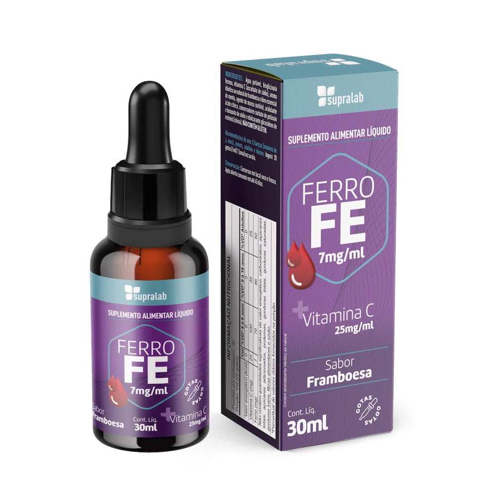 Ferro + Vitamina C Gotas 30ML - Sabor Framboeza (FE: 7mg/ml - Vit.C ...