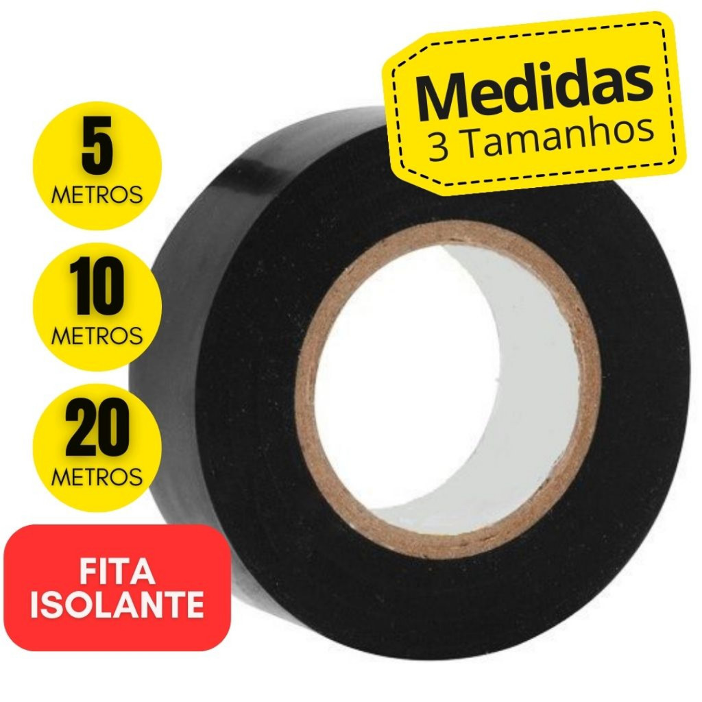 Fita Isolante Preta 18mm 5 Metros 10 Metros e 20 Metros Adesiva Fios ...