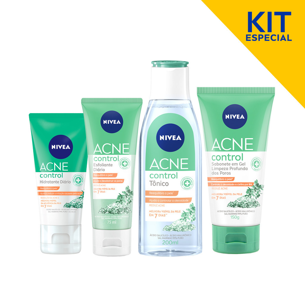 KIT NIVEA ACNE CONTROL - SABONETE + TÔNICO + ESFOLIANTE + HIDRATANTE ...