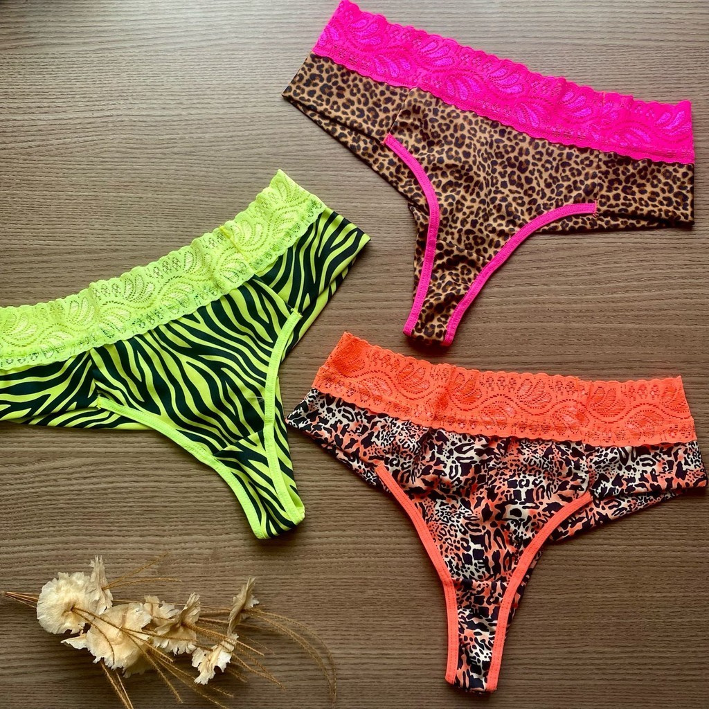 Kit 6 Calcinhas Animal Print Lingerie Estampada Cintura de Renda Cores ...