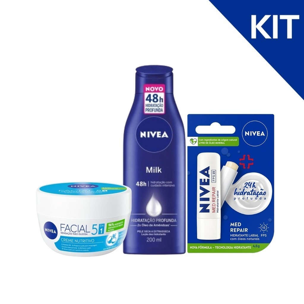 KIT NIVEA Loção Milk 200ml + Creme Facial Nutritivo 100g + Protetor ...