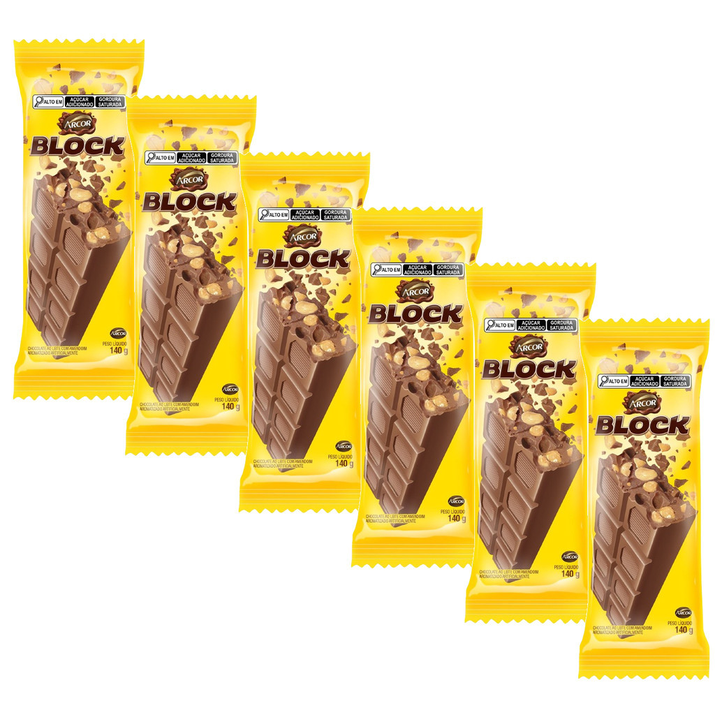 Kit 6 Chocolate Barra Tablete Block com Amendoim Arcor 140g | Shopee Brasil