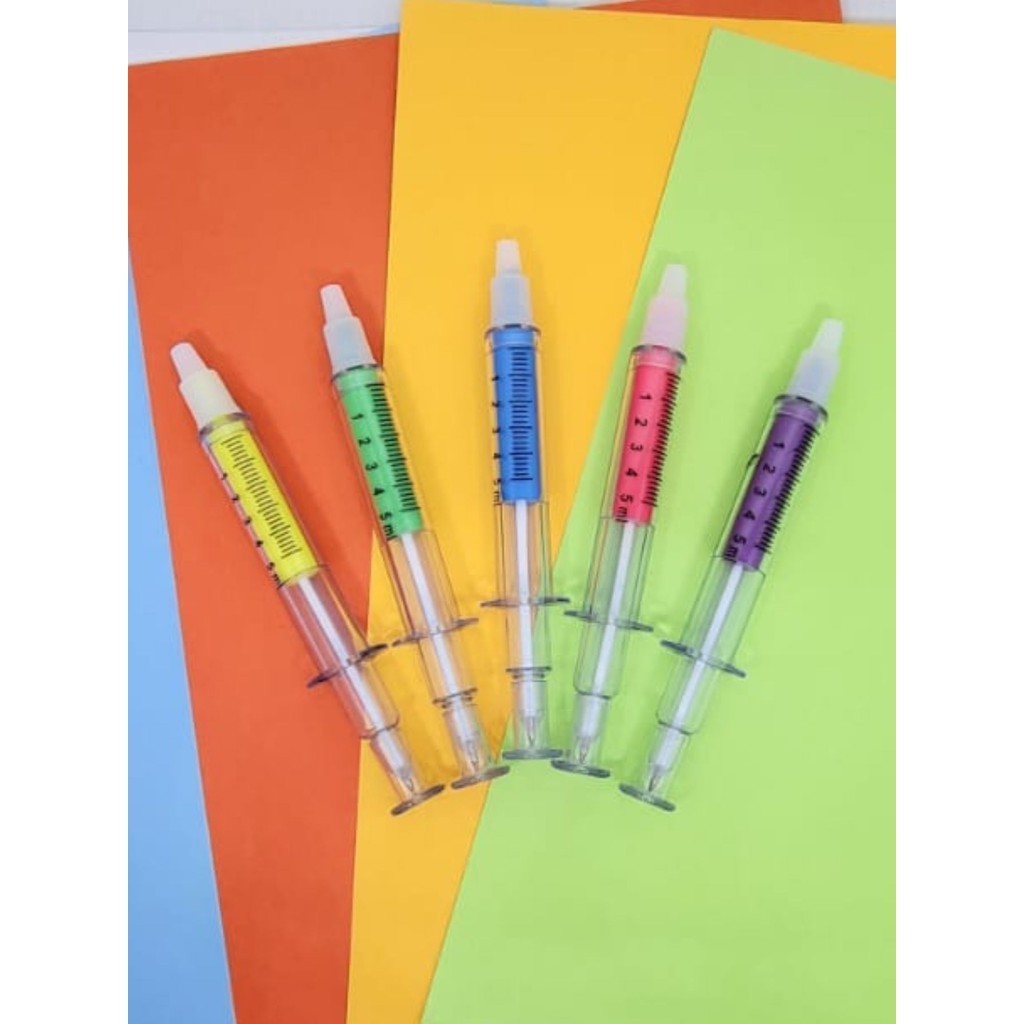 Kit com 05 canetas seringa 2 em 1 esferográfica e marca texto coloridos ...