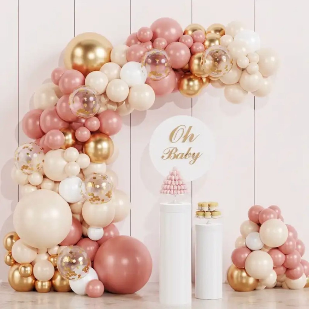 Kit 125 Balões Rosa Chic Bege Rose Dourado Metalizado P/ Festa Arco ...