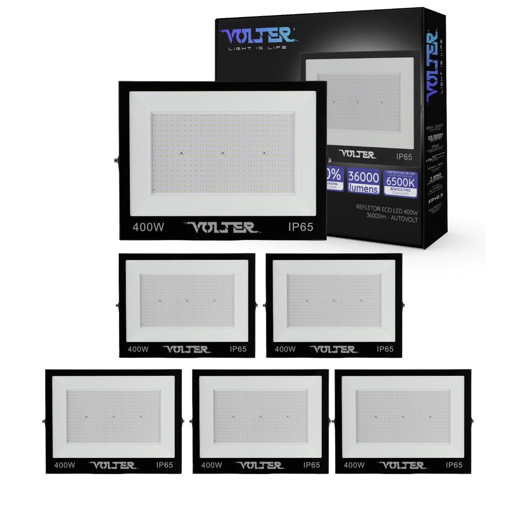 Kit 6 refletor led volter eco IP65 400w 6500k preto 36000lm luz branco frio | Shopee Brasil