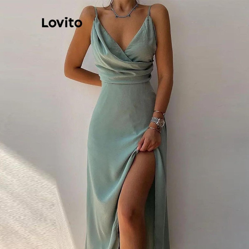 Lovito Vestido Feminino Elegante Liso Dividido Lnl51091 Shopee Brasil