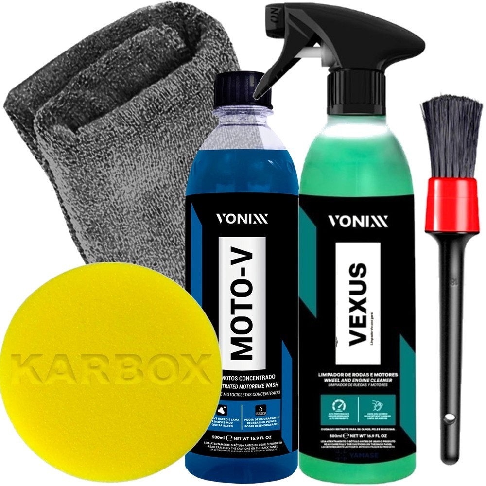 Kit Lava Motos Vonixx Shampoo Moto-V 500ml Limpa Rodas e Motor Vexus ...