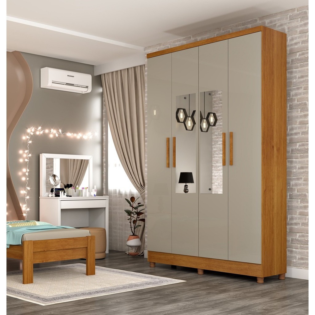 Guarda Roupa Solteiro com Espelho e pés 4 Portas 2 Gavetas 133cm Amsterdam Cinamomo/Off White ...