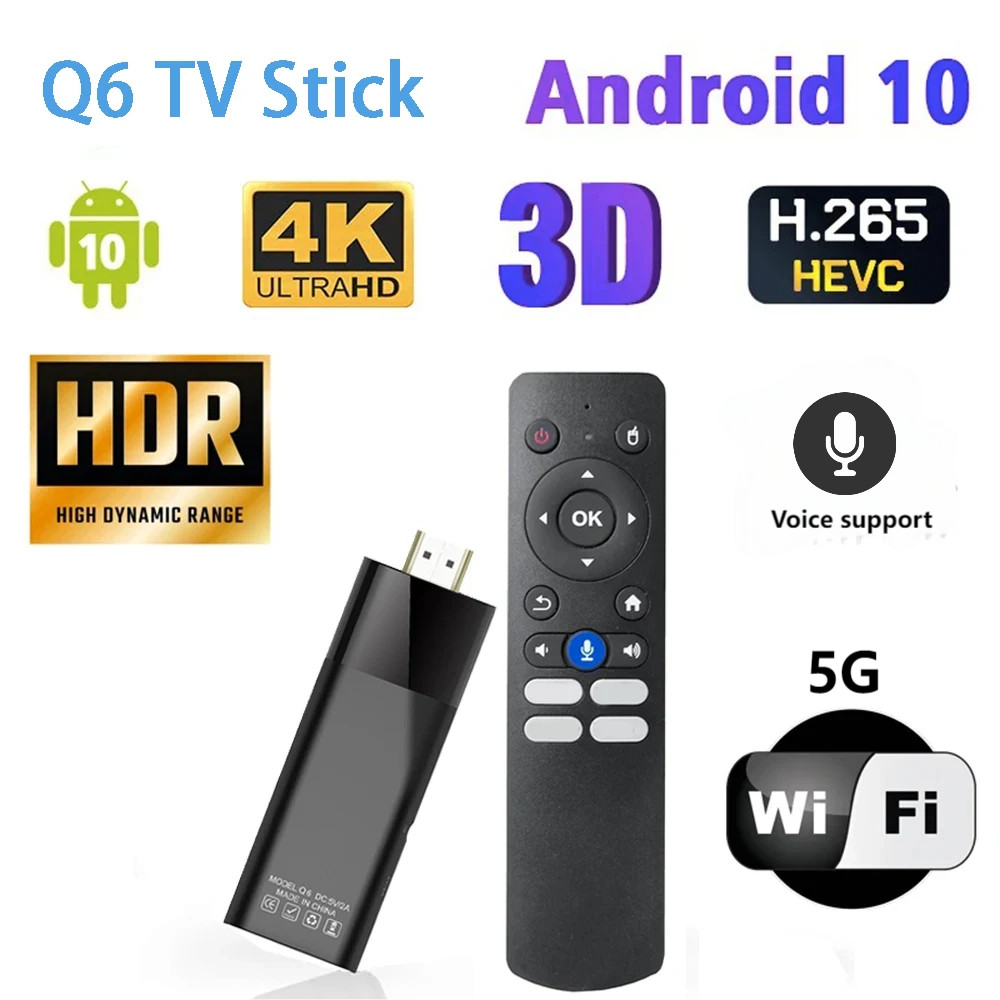 Q6 TV STICK controle de voz Allwinner H313 quad core Cortex A53 HDMI2.0 dupla WiFi 4G 5G Android ...