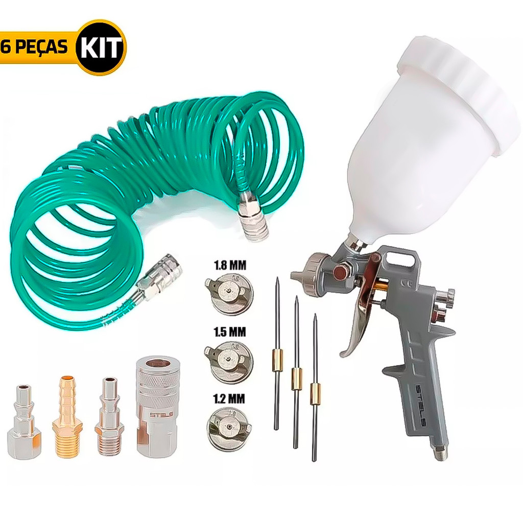 Pistola Pintura 600ml Gravidade 3 Bicos + Mangueira Espiral 10m + Kit Engate Conectores ...