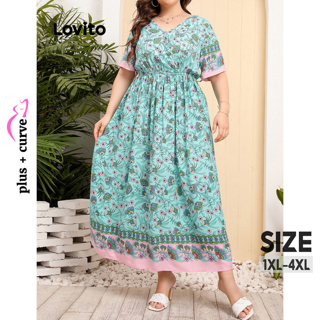 Lovito Vestido Feminino Plus Size Curve Boho Ditsy Floral Wrap Lnl45091