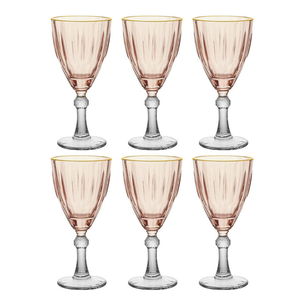 Taças Para Água e Vinho De Vidro Dominic Rosa Com Borda Dourada 275ml 6 ...