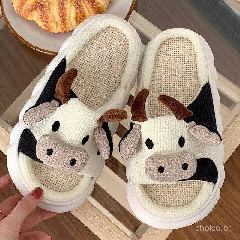 Chinelos de Linho Fofos para Uso Interno, Sapatos de Verão, Chinelos em ...