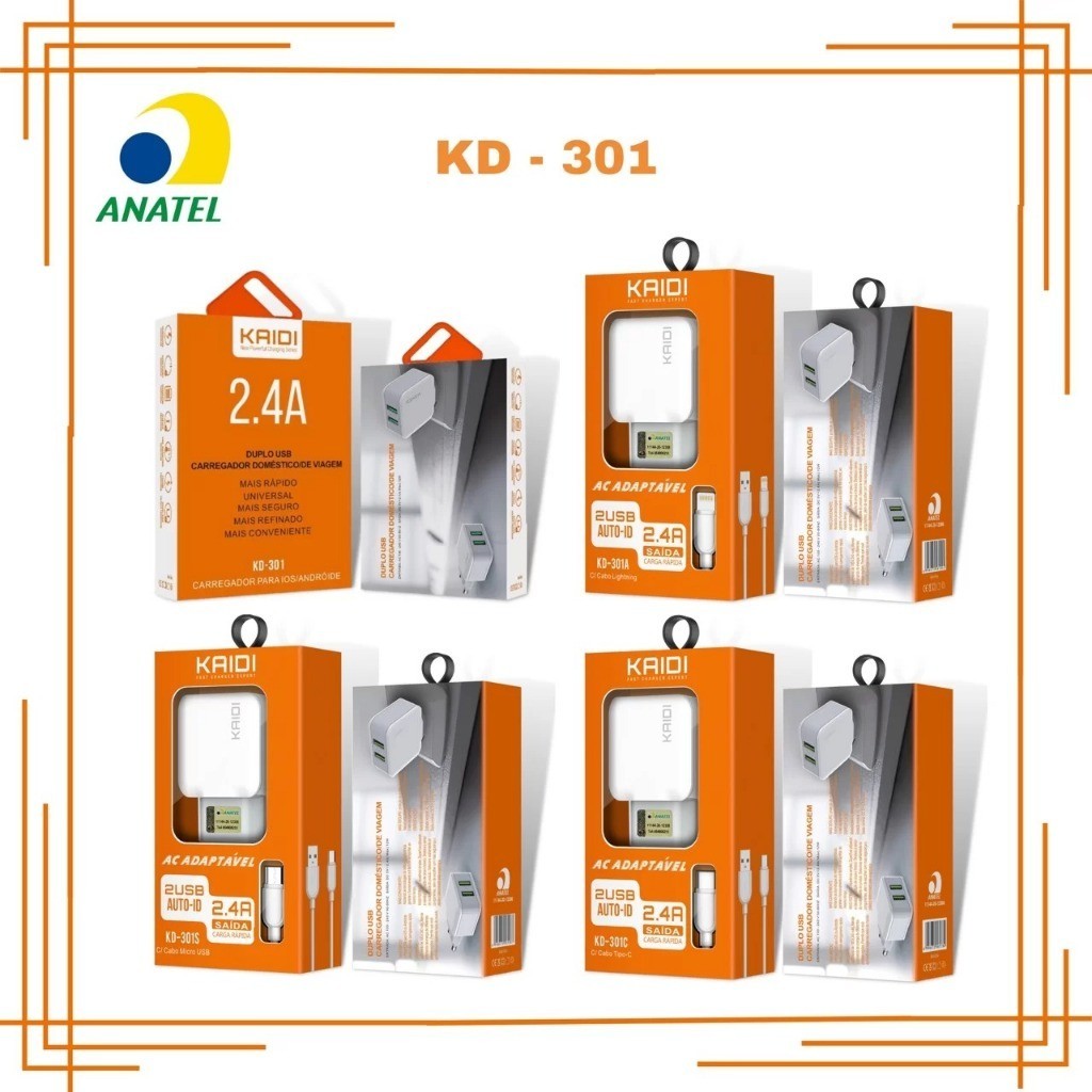 Carregador Turbo Rápido Kaidi Compatível com iPhone, V8 Micro USB e Tipo C KD-301A , KD-301C ...