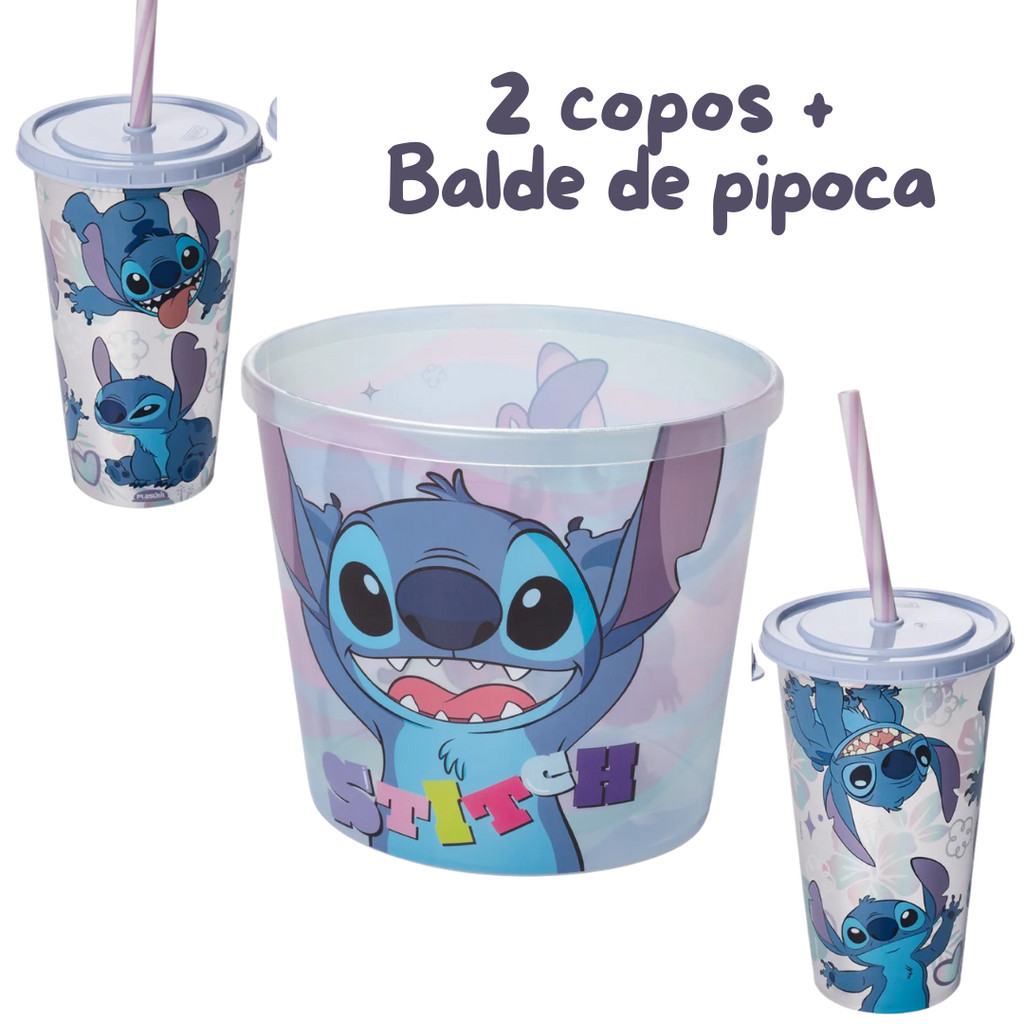 KIT 2 COPOS 500ML E BALDE DE PIPOCA STITCH 2,1L | Shopee Brasil